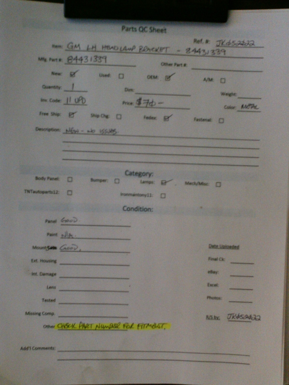 GM LH Headlamp Bracket - 84431339 OEM (11UPD) | eBay