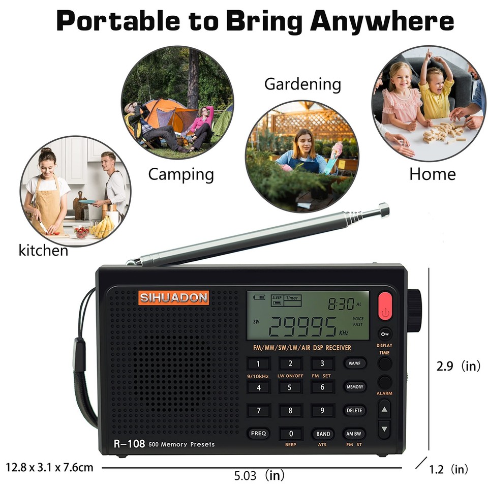 SIHUADON R108 Portable Radio AM FM SW LW Airband Full Band DSP Radio ...