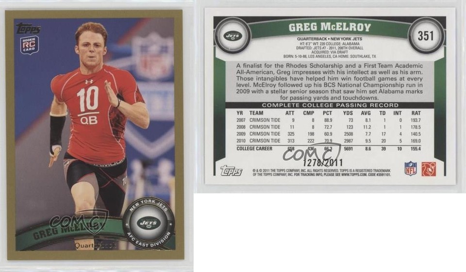 2011 Topps Gold 1278/2011 Greg McElroy #351 Rookie RC 0l2 | eBay