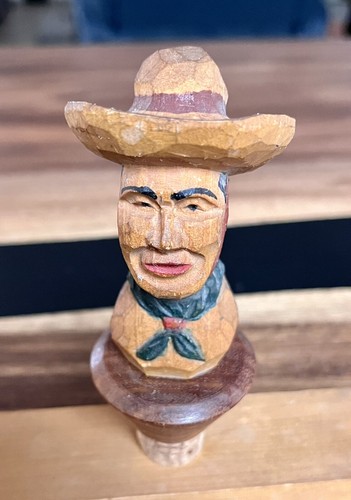 VTG Hand Carved Wood Head Western Cowboy Topper W/ Cork Stopper RARE | eBay