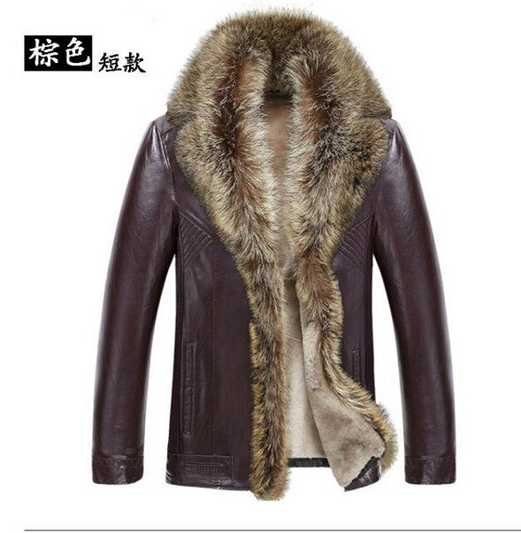 =Men's Real fur collar genuine leather jacket coat trench outwear ...