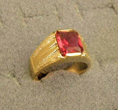 Men's Square Red Stone CZ Yellow Gold Plated Ring Size 11.5 Hand ...