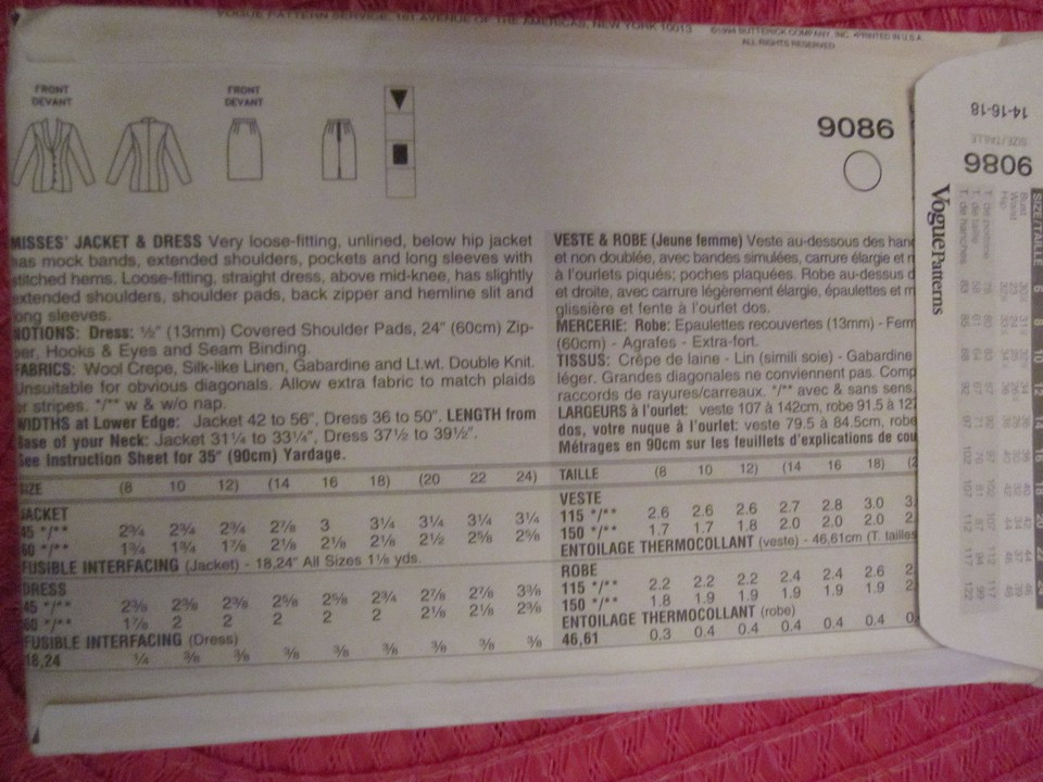 VOGUE 9086 MISSES' EASY JACKET & DRESS LOOSE-FITTING STRAIGHT PATTERN ...