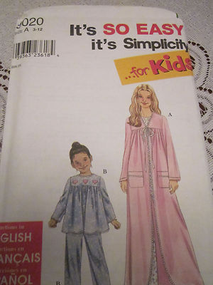 Simplicity 9020 GIRLS' PAJAMAS ROBE SLEEPWEAR Sewing Pattern SZS. 3-12 ...
