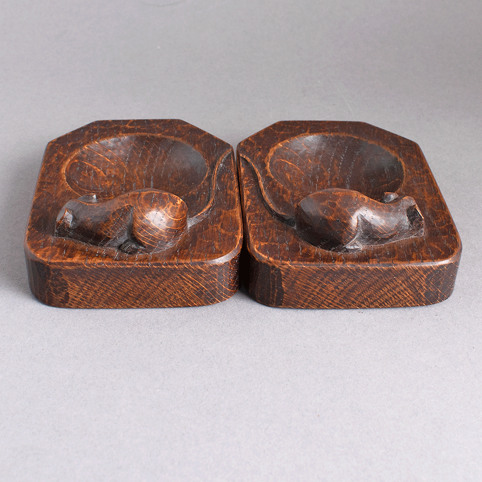 MOUSEMAN Robert Thompson PIN TRAYS Rare HANDED PAIR Carved Oak VINTAGE ...