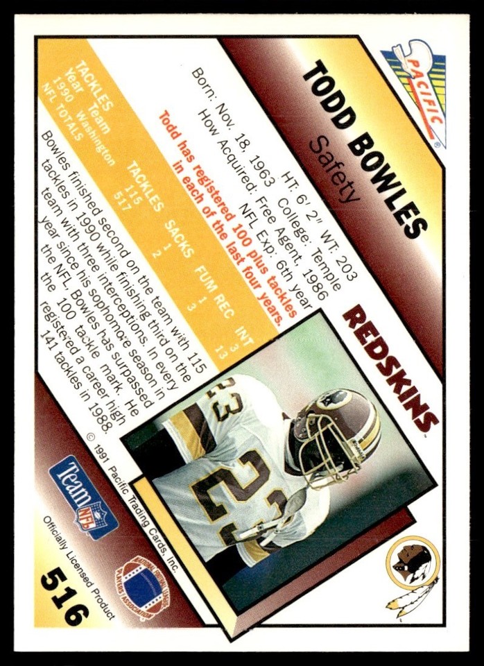 1991 Pacific Todd Bowles Washington Redskins #516 | eBay