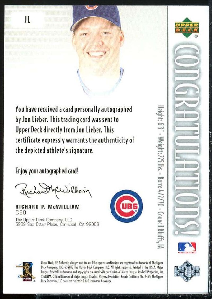Jon Lieber Card 2002 SP Authentic Chirography #JL | eBay