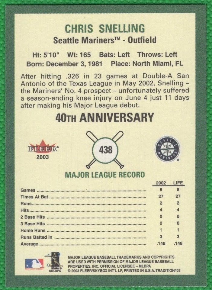 Chris Snelling - 2003 Fleer Tradition #438 - Seattle Mariners Baseball ...