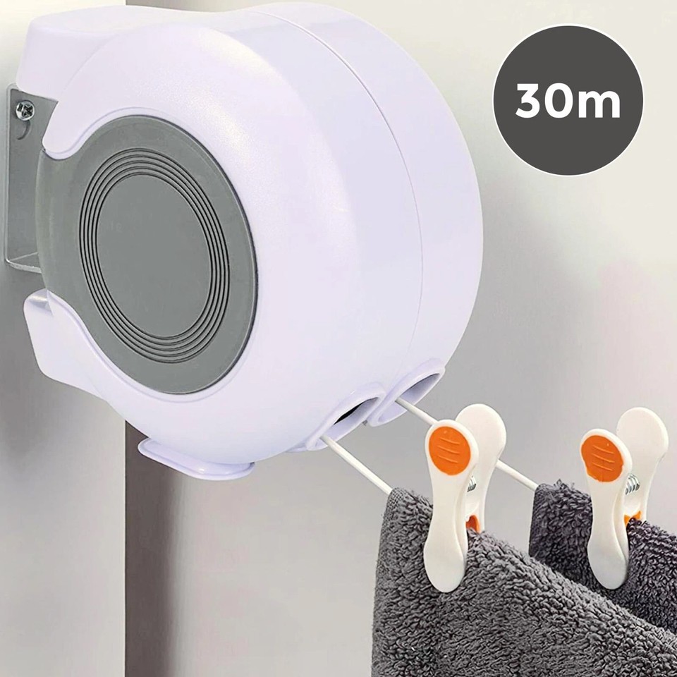 30m Retractable Clothes Reel Double Washing Line Wall Mounted Outdoor ...