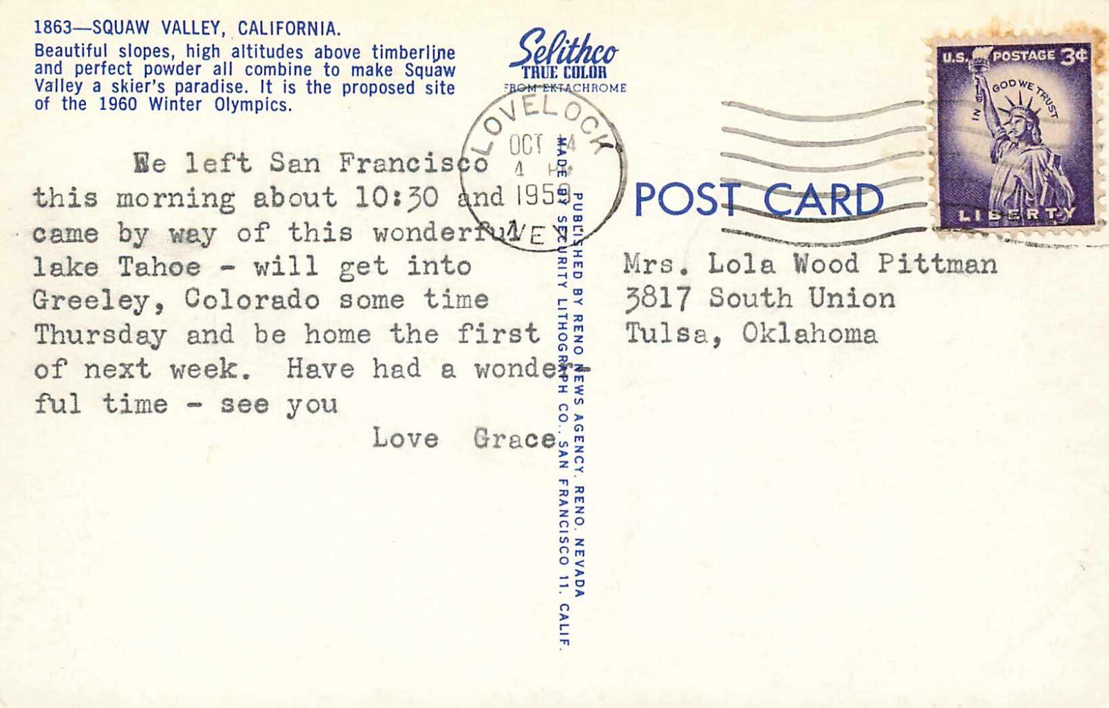 Postcard California Squaw Valley Skiing 1959 Lovelock Cancel | eBay