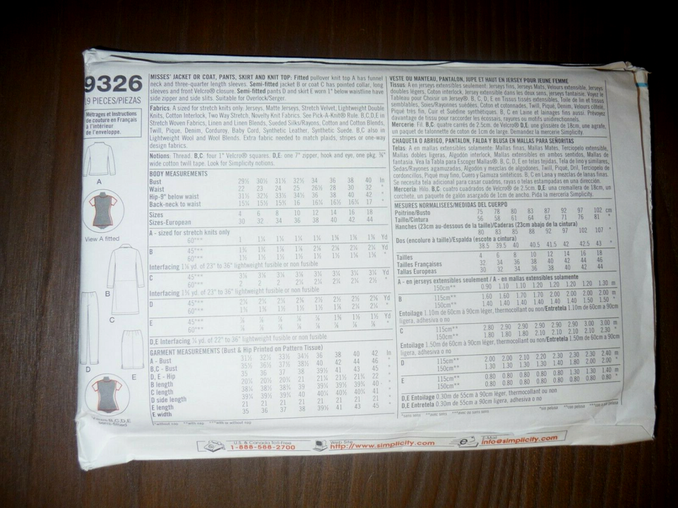 Simplicity 9326 women's 12-18 multi pattern suit skirt jacket pants top ...