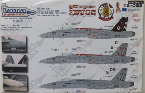 Two Bobs Decals 1/72 F/A-18E Super Bugs VFA-14 "Tophatters" #72-022 OOP ...