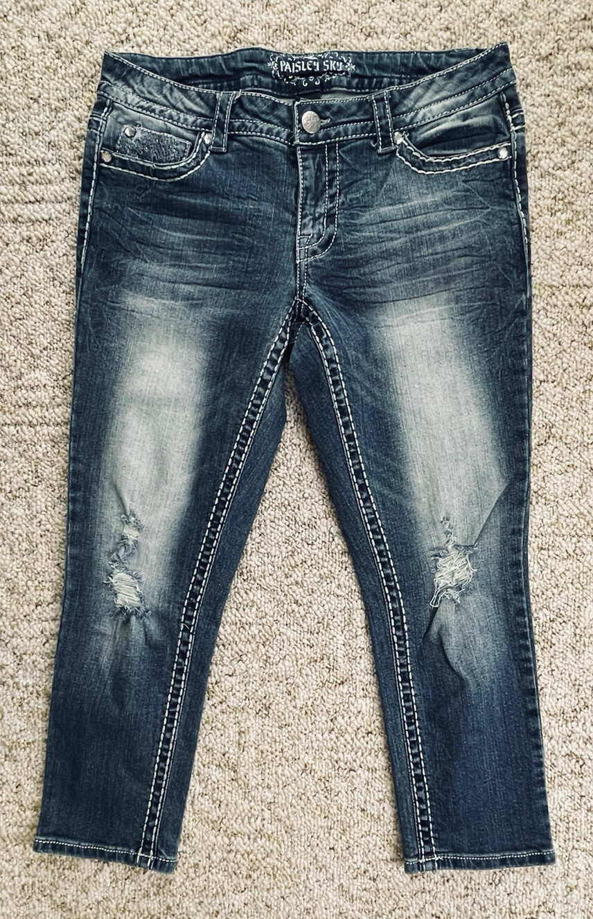 Paisley Sky Distressed Low Rise Stretch Denim Capris… - Gem