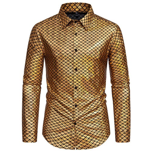 Men Shirt Fish Scale Tops Button Tops Blouse Shirt Shiny Stage Costume ...