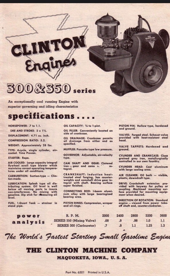 Vintage Clinton 300 series engine carb 1hp Saf-T-vue oil bath air w/gas ...