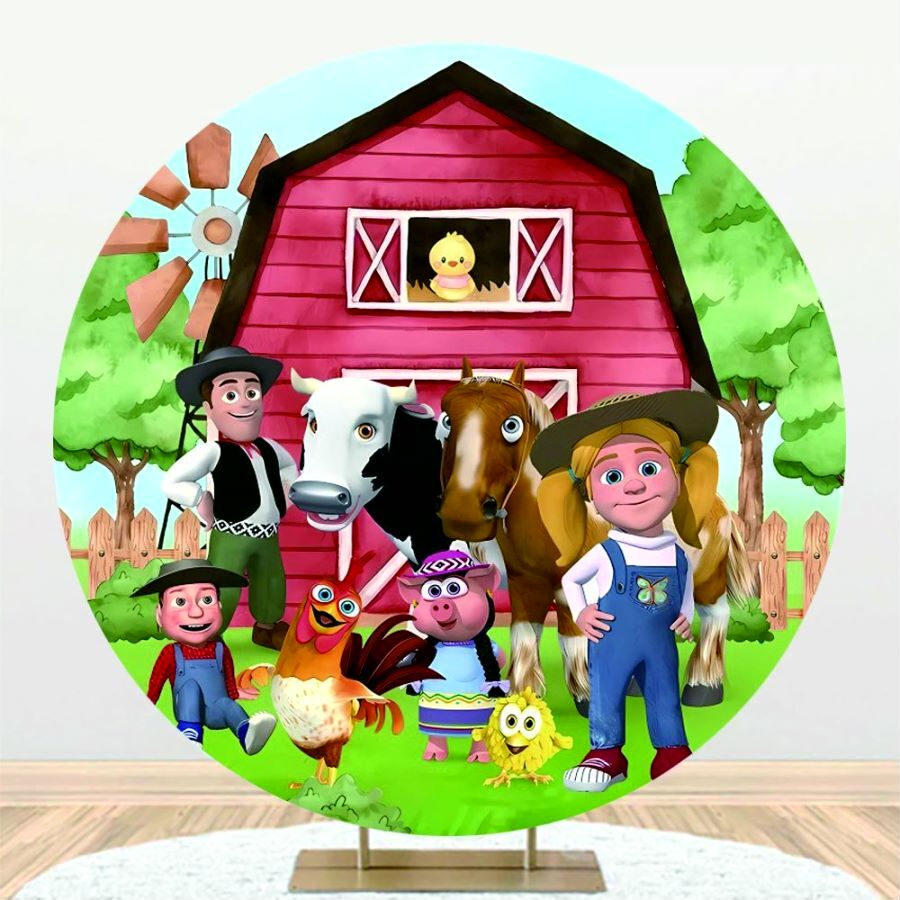 Round Farm Animals Backdrop Happy Birthday Party Barn Photo Background ...
