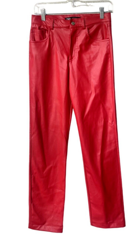 Zara Vegan Faux Leather Pants XS Cherry Red Straight Leg High Rise ...
