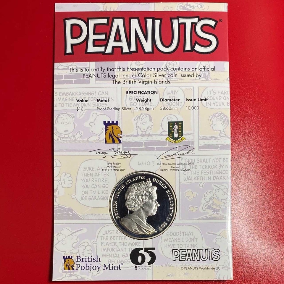 2015 BRITISH VIRGIN ISLANDS .84 OZ SILVER PROOF $10 PEANUTS SNOOPY CARD ...