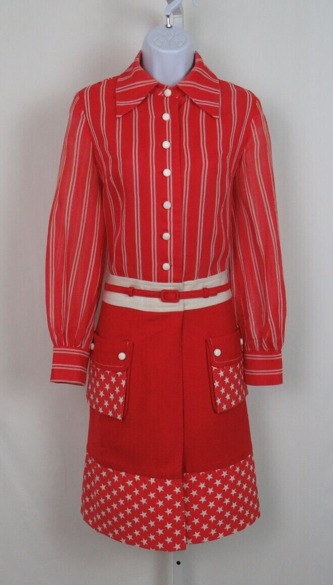 VTG 1950s HOWARD WOLF RED SHIRT DRESS WHITE STARS STR… - Gem