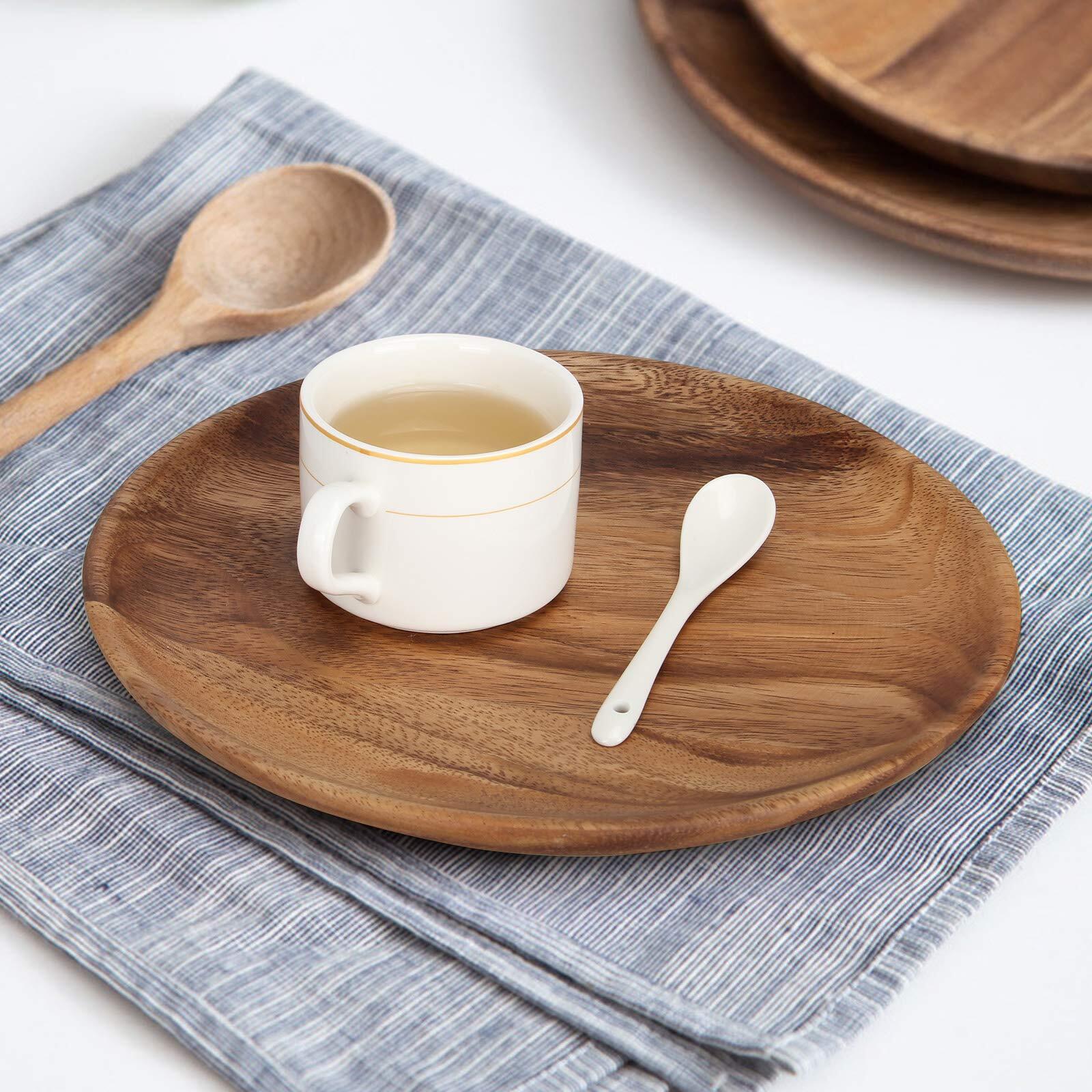 2 Pcs 10 Inch Acacia Wood Dinner Plates For Eating Wooden Round ...
