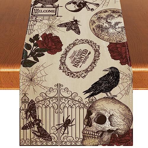 13×72’’ Linen Retro Halloween Table Runner Gothic Skull Tablecloth | eBay