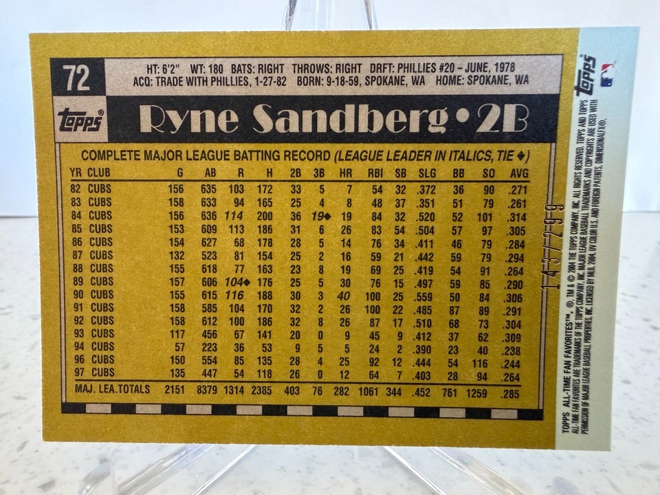 2004 Topps Fan Favorites 'Refractor' Ryne Sandberg #72 serial'd 143/299 ...