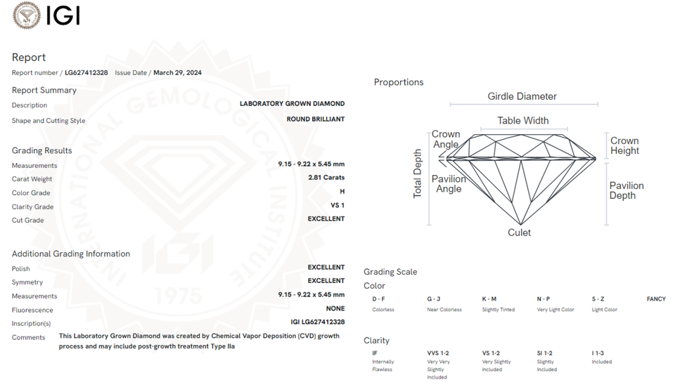 Round 2.81 carat IGI Certified Loose Lab Grown CVD Diamond H Color VS1 ...