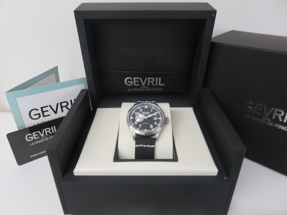 Gevril Men's 43512 Vaughn Pilot Subdial SA110 Swiss Made Black Leather ...
