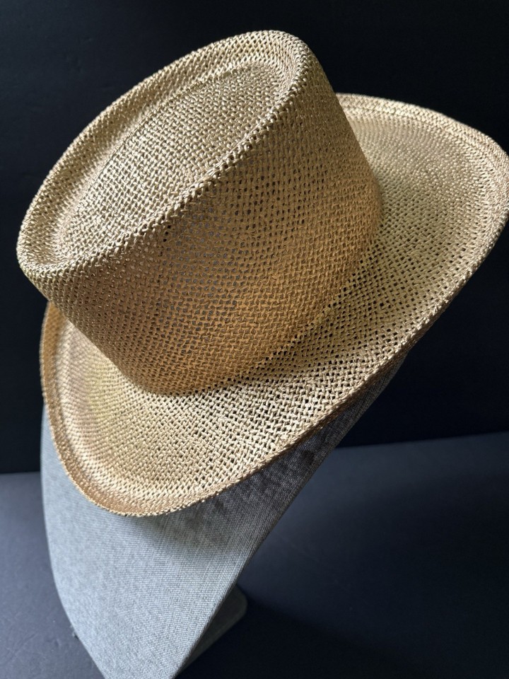 The Hat Works Straw Hat S/M Unisex Wide Brim Metallic Gold Coastal ...
