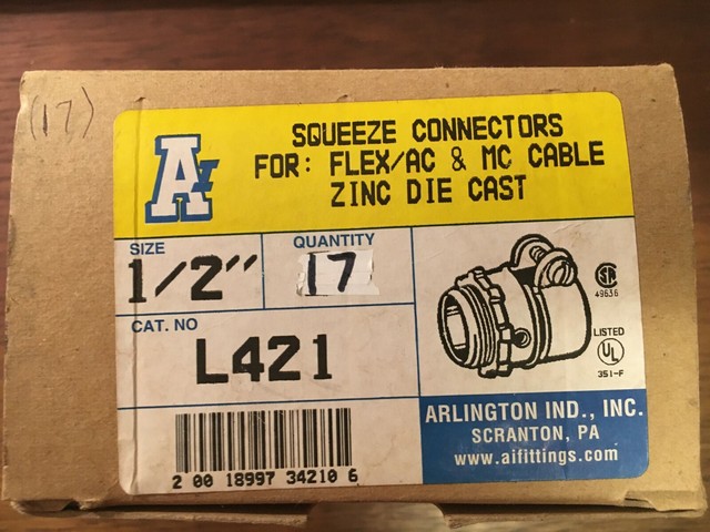 25 Arlington L421 1/2" Die Cast Squeeze Connector for Flex AC & MCI ...
