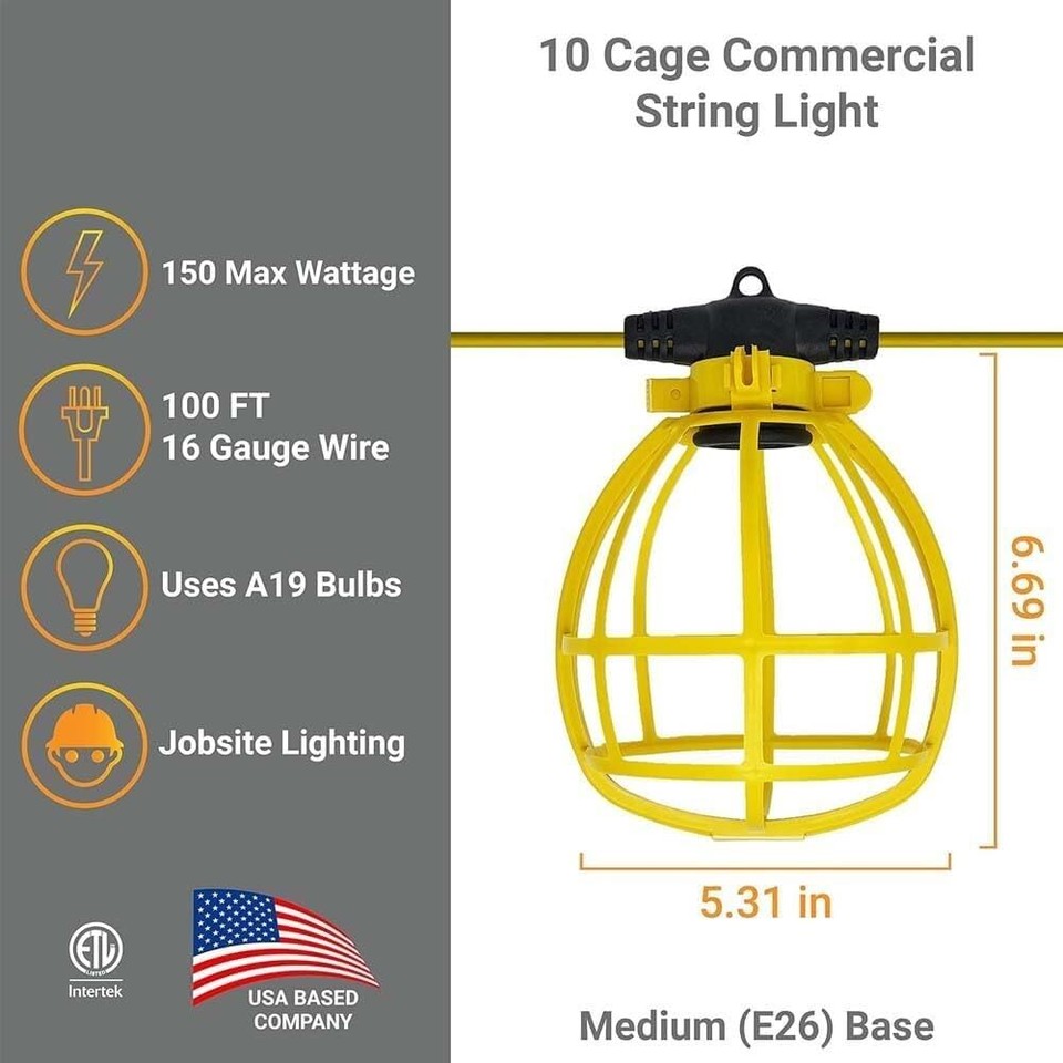 2Pack 10 Light Plastic Cage Temporary Light String, 100FT, Yellow, 150W ...
