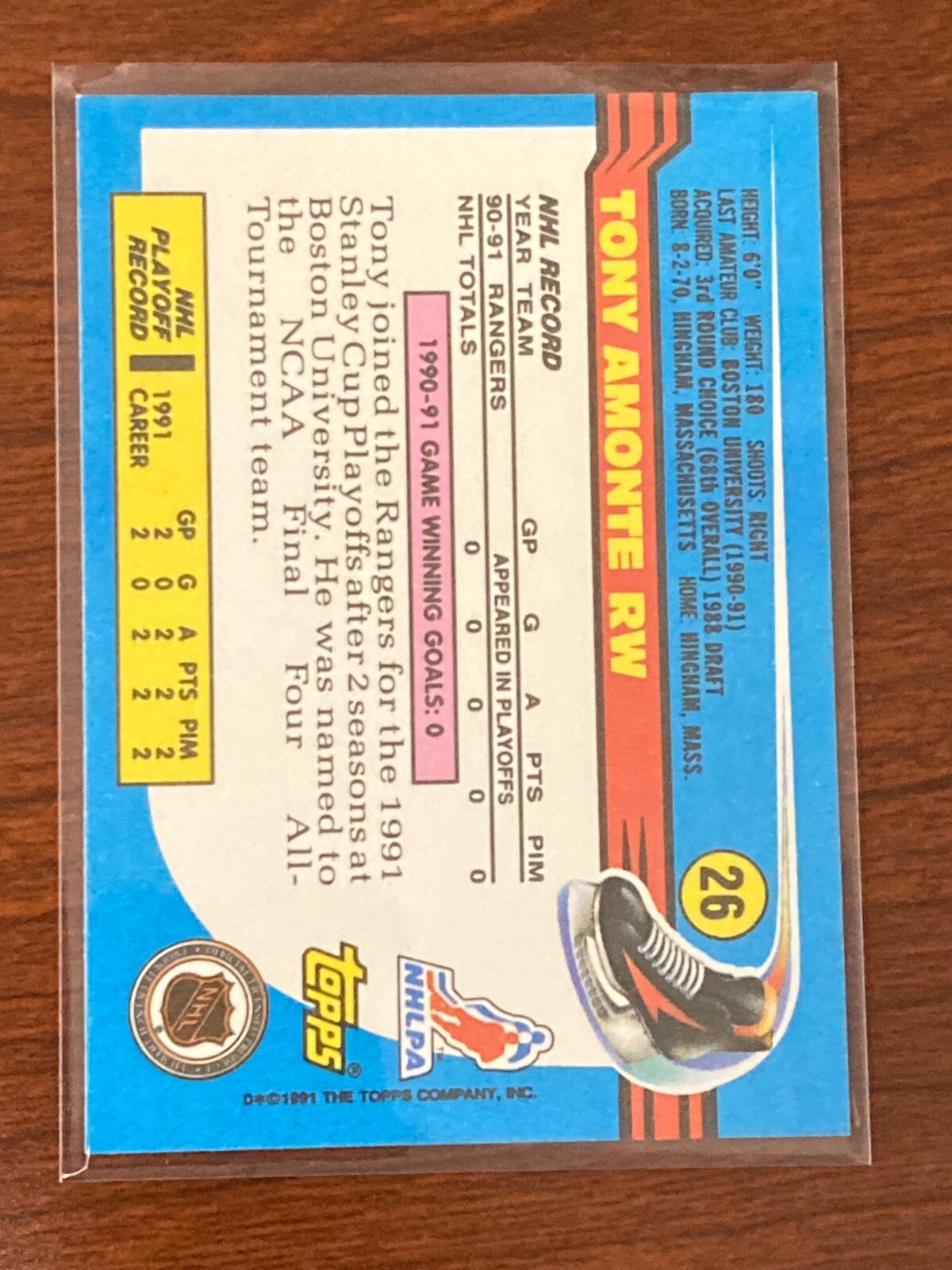 TONY AMONTE 1991-92 TOPPS NEW YORK RANGERS TOP PROSPECT ROOKIE CARD #26 ...