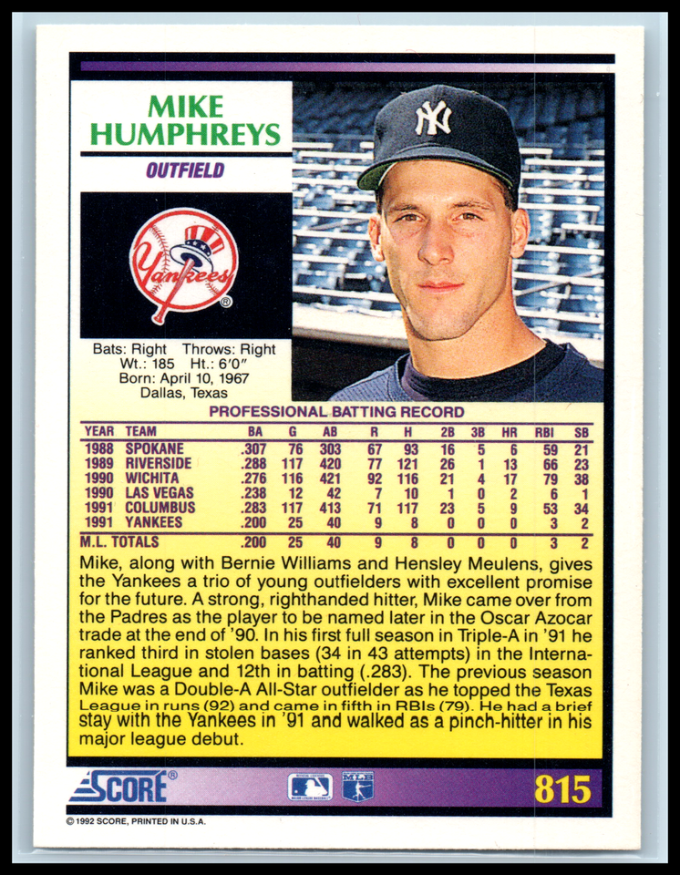 1992 Score New York Yankees Baseball Card #815 Mike Humphreys | eBay