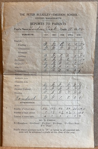 1926 Report Card from The Peter Bulkeley Emerson School Concord MA ...