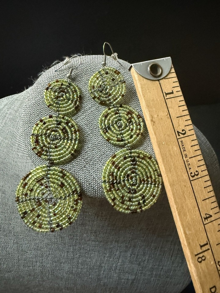 Glass Bead Rangle Drop Earrings Round Tiered Circles Green Boho ...