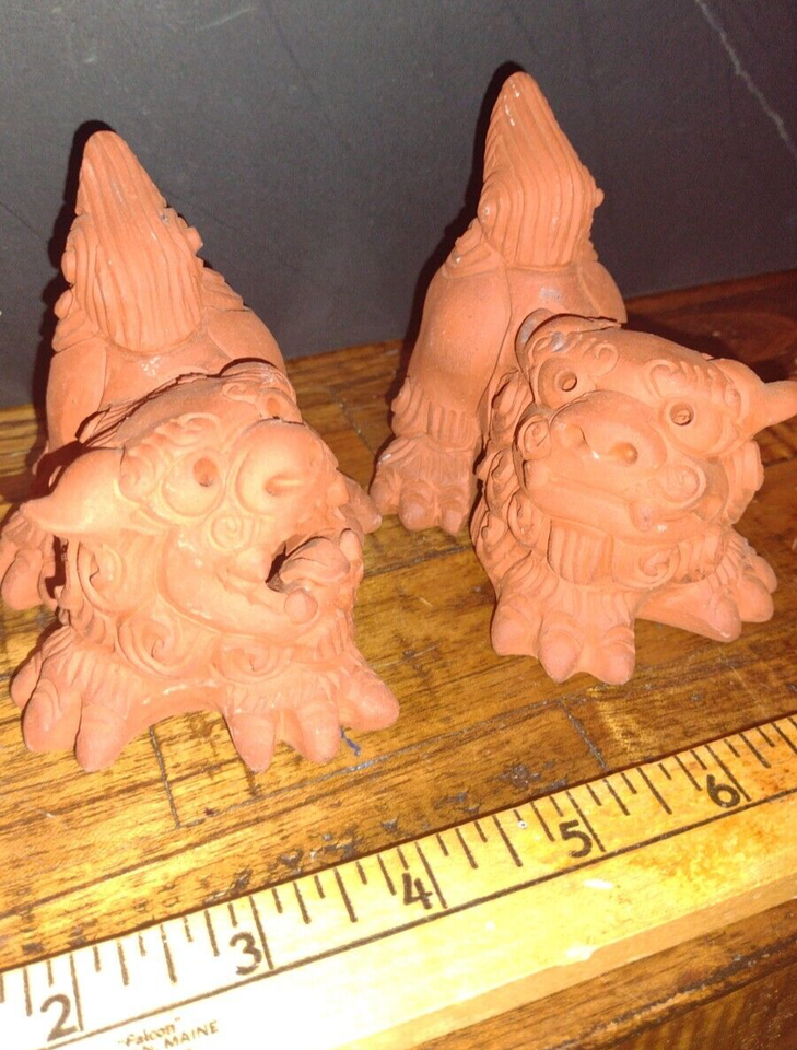 Vtg 4" Pair Chinese Foo Dogs Fu Lion Terra Cotta Red Clay Feng Shui ...