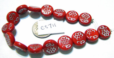 Czech Glass Coin Bead RED w/ SILVER Flower 11mm Strand of 16 C3711 | eBay