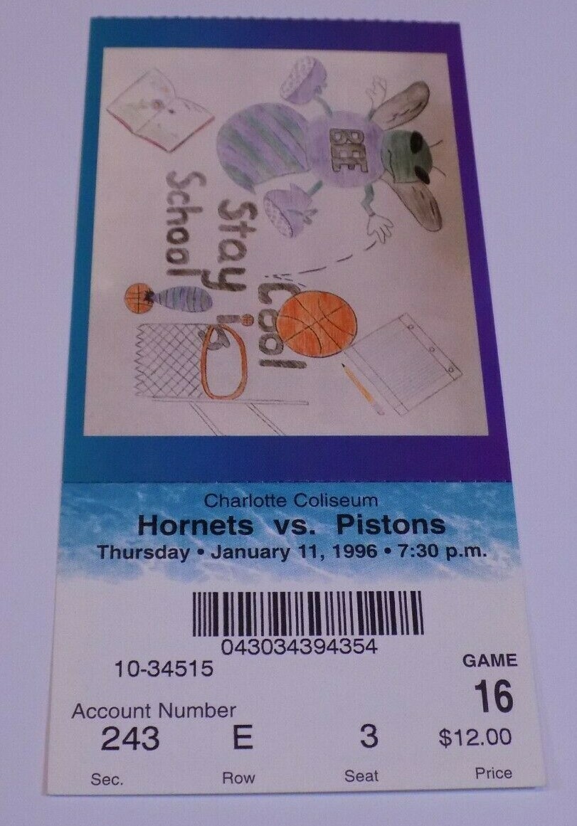 Charlotte Hornets Detroit Pistons Ticket Stub #3 1/11/96 Grant Hill Joe ...