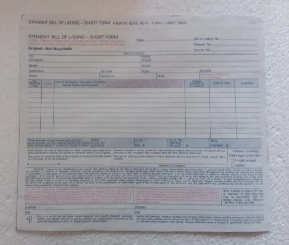 Straight Bill Of Lading Short Form