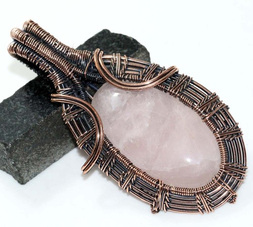Rose Quartz Copper Wire-Wrapped Gemstone Pendant 2.7" Women Jewelry MJ ...