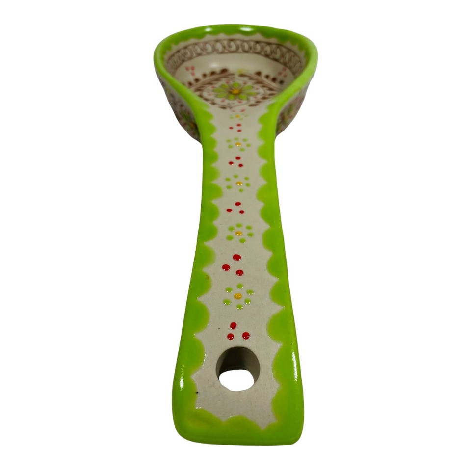 MJL Mexican Pottery Spoon Rest Green Trim Floral Design Hand Painted 10 ...
