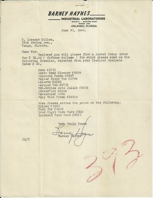 OLD VINTAGE BARNEY HAYNES INDUSTRIAL LABORATORIES FLORIDA 1945 LETTER ...