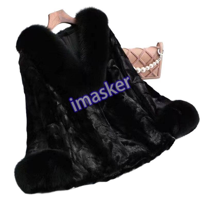 New Mink Fur Coat Women's Winter Real Fox Fur Collar Cuffs Warm Mink ...