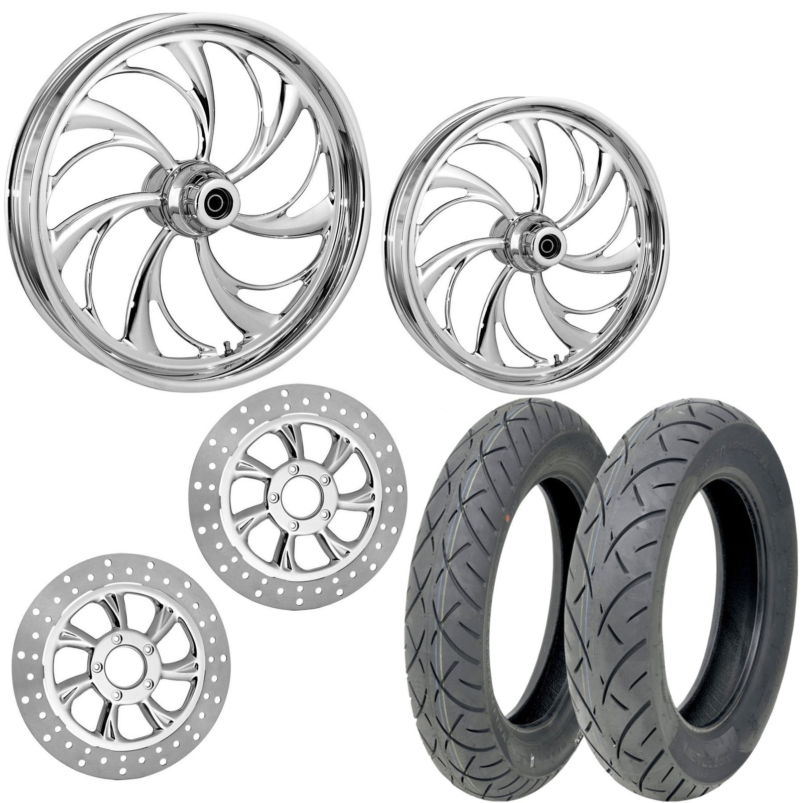 RC Helix Chrome 21/18 Front Rear Wheel Package Set Tires Rotors Harley ...