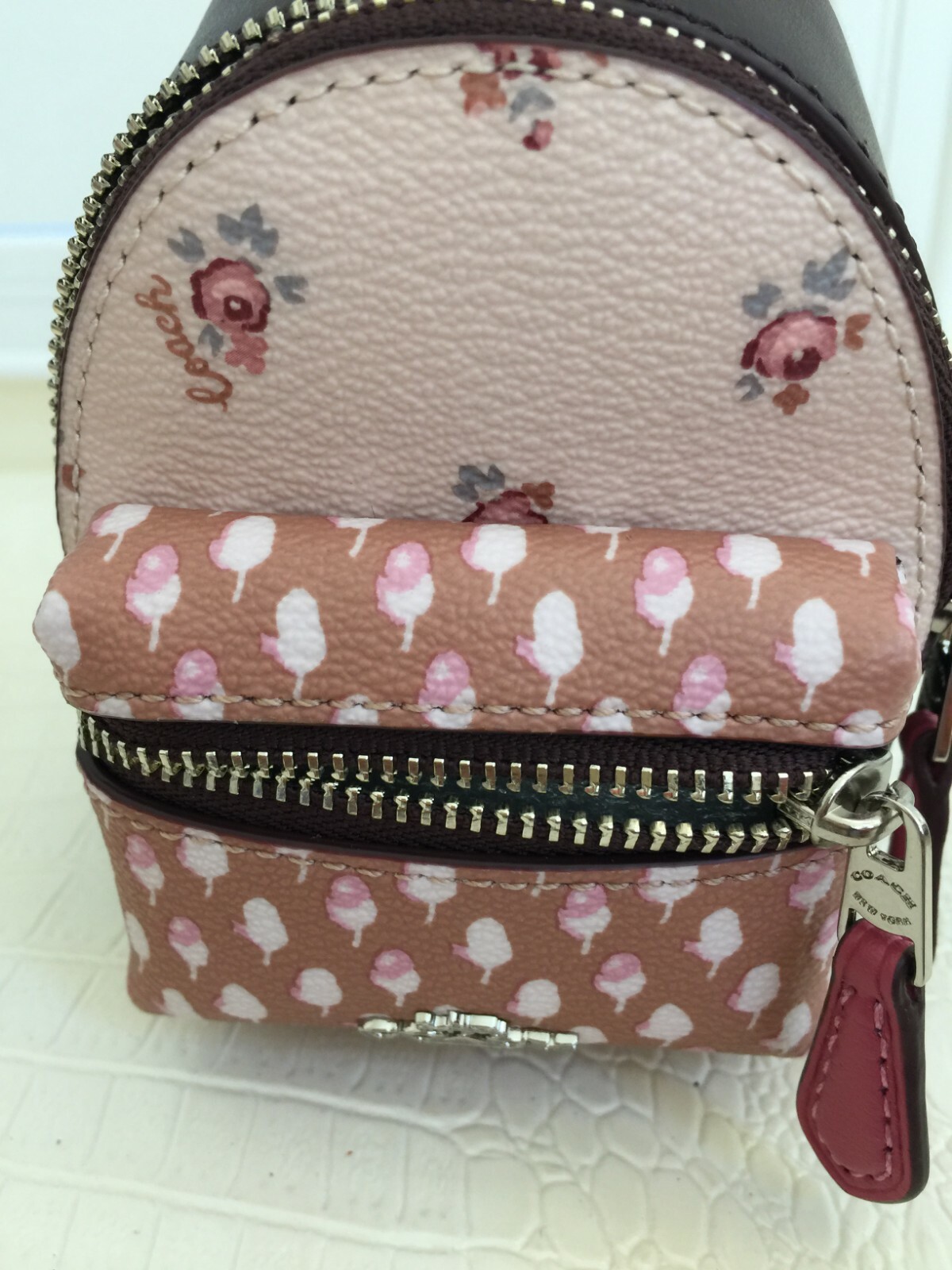 COACH Key Chain Floral Mini Backpack Key Fob Ring Charm Light Pink ...