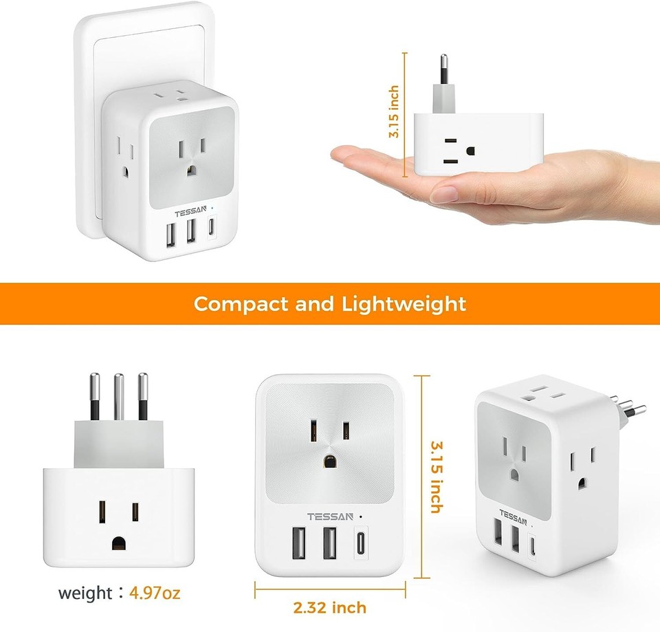 Travel Power Plug Adapter Wall Charger with 4 Outlet USB C to Uruguay ...