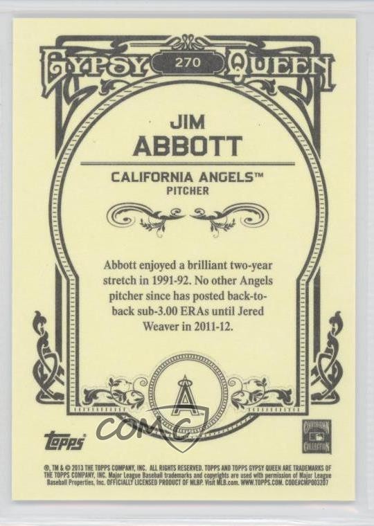 2013 Topps Gypsy Queen White Framed Jim Abbott #270 | eBay