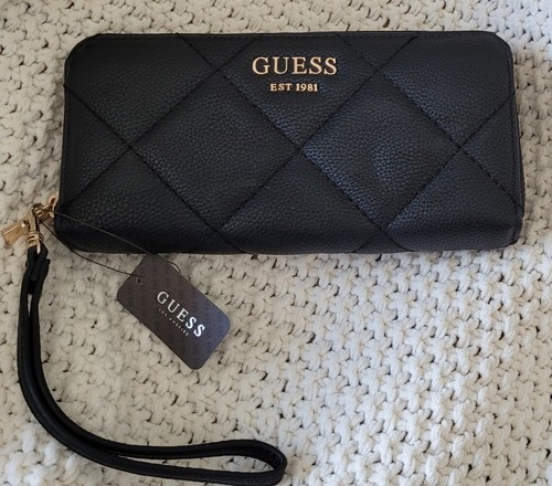 GUESS Black Large Pattern Quilted Zip Around Wristlet Wallet NWT!! | eBay