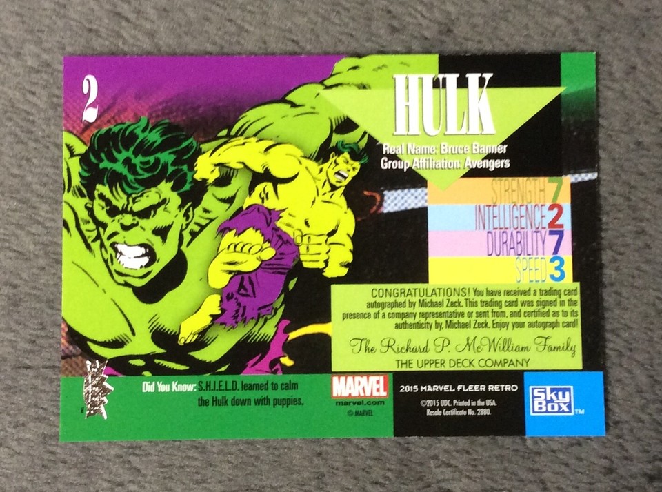 2015 Marvel Retro #2 HULK 1993 Marvel Universe Michael Zeck Autograph ...