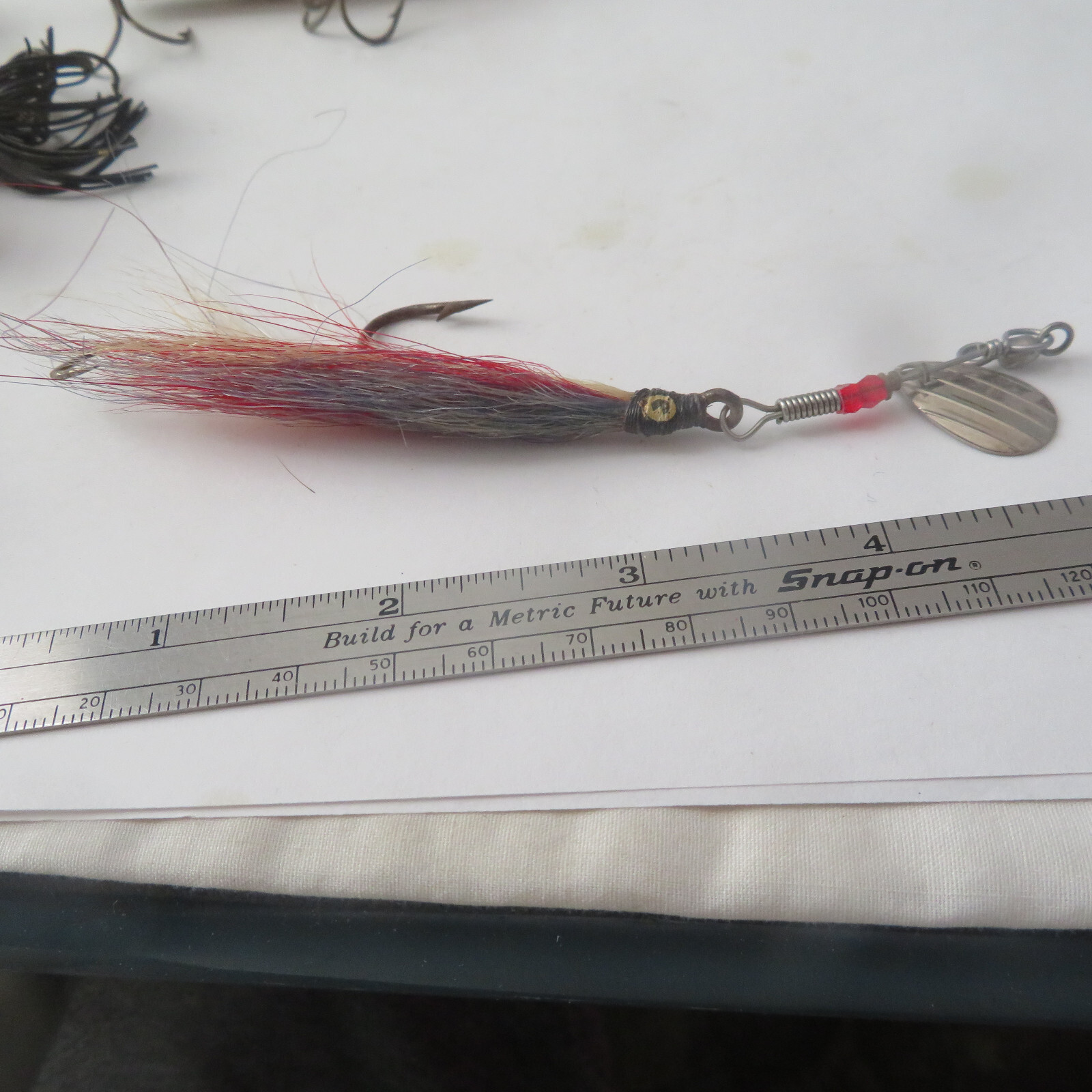 FISHING LURE UNKNOWN VINTAGE STREAMER WITH PAT. PEN. STRIPED SPOON 5¼ ...